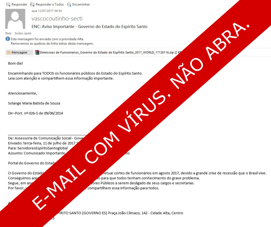 SEFAZ - Seger alerta sobre e-mail falso com vírus